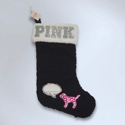 Victoria's Secret PINK Black Sherpa Christmas Stocking Decor NWT Dog ...
