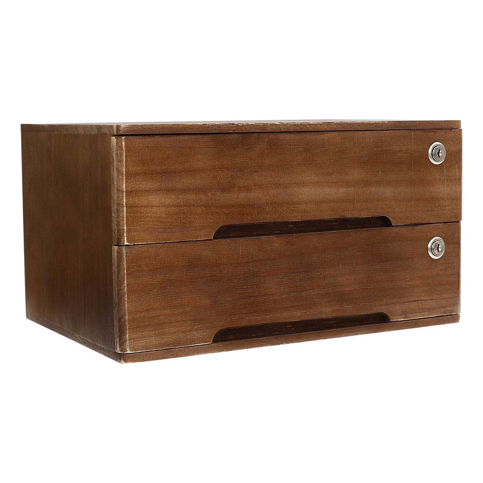 2-tier Wooden Desktop Storage Box W/Lockable Drawers Walnut Flat File ...