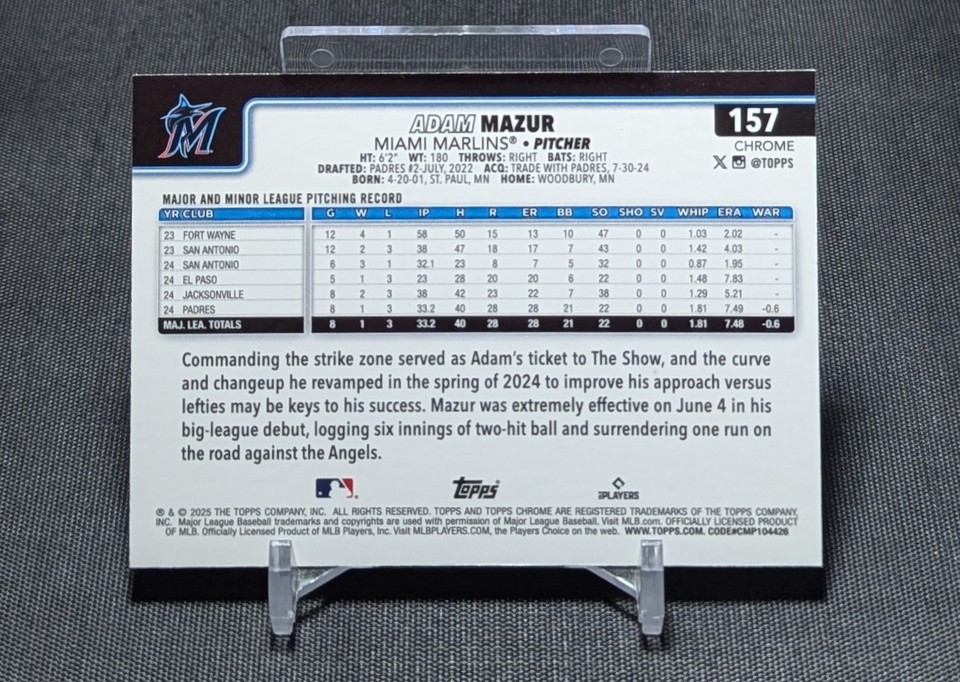 Adam Mazur Rookie RC 2025 Topps Chrome Baseball Card #157 Miami Marlins ...