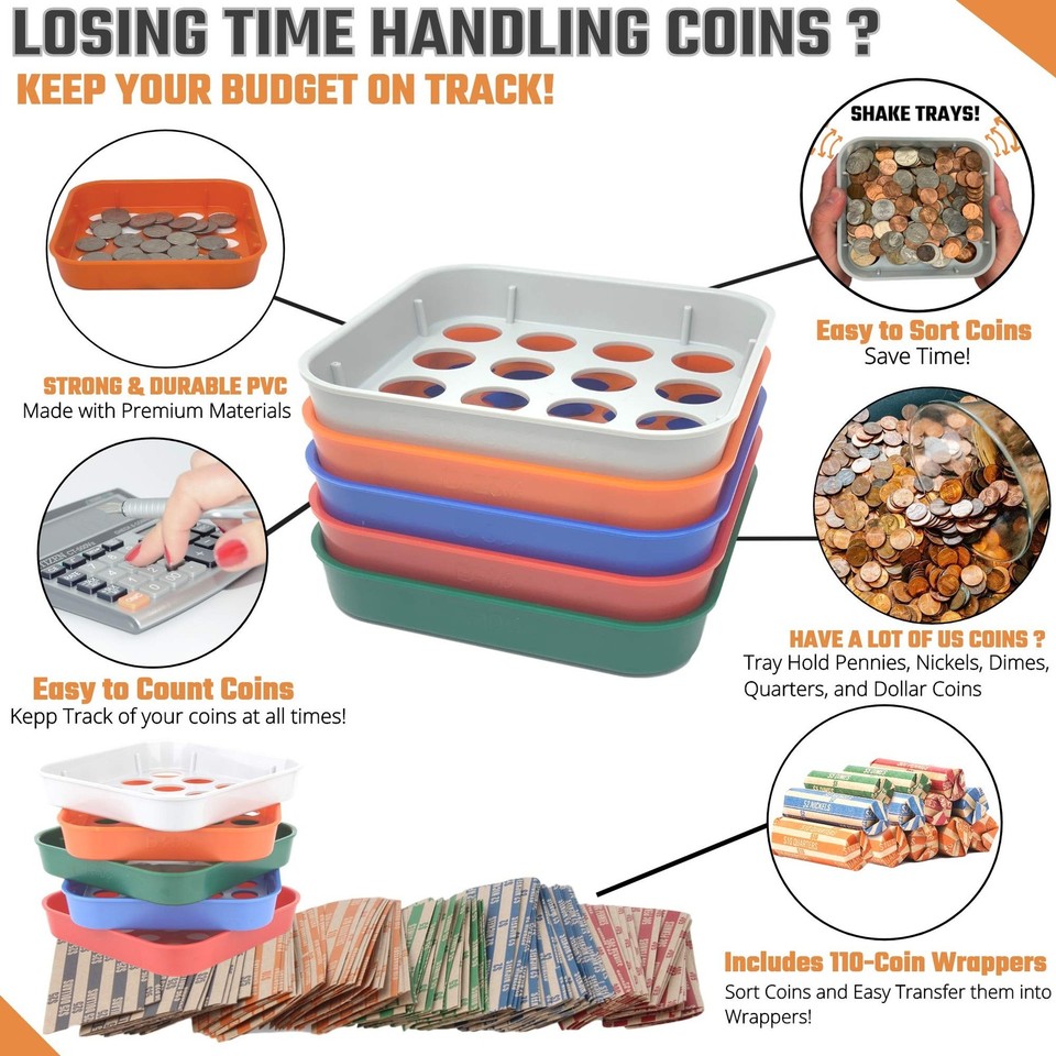 Coin Sorting Tray and Coin Separator- 5 Color-Coded Change Sorter Tray ...