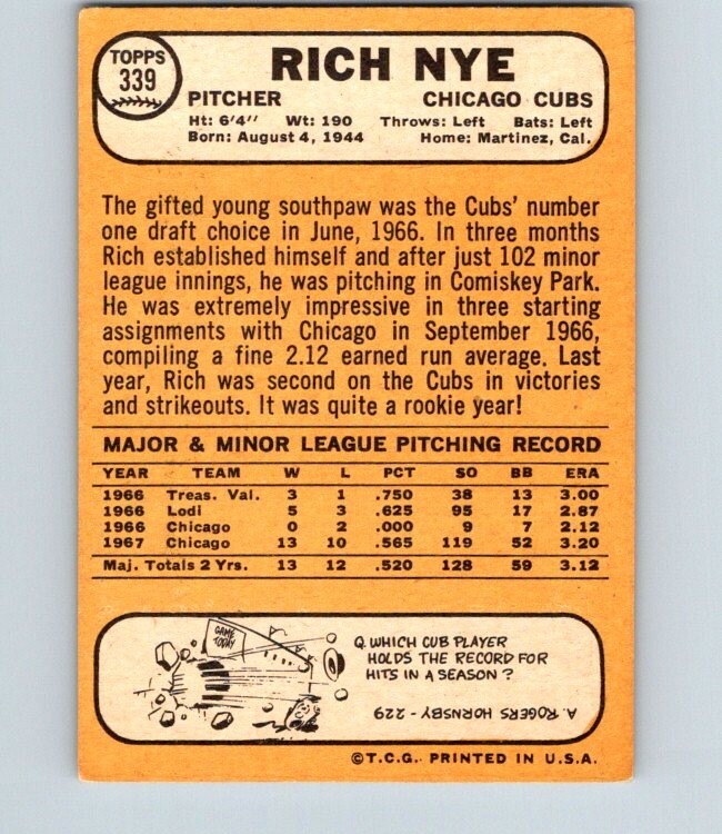 1968 TOPPS BASEBALL #339 RICH NYE MID GRADE JG | eBay