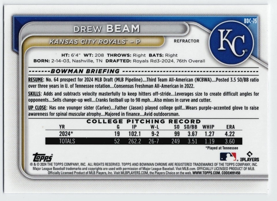 2024 Bowman Draft Chrome Drew Beam BDC-75 Refractor 1st Kansas City ...