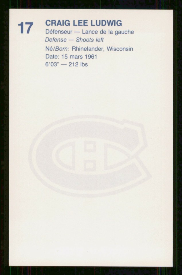 1982-83 MONTREAL CANADIENS POSTCARDS CRAIG LUDWIG 20977 | eBay