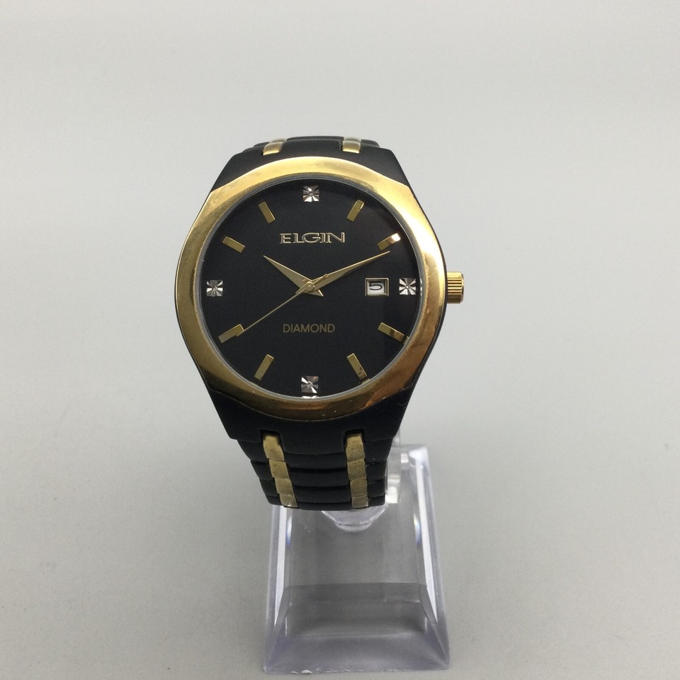 Vtg Elgin Diamond Watch Men 42mm Gold Tone Black Dial Date New Battery ...