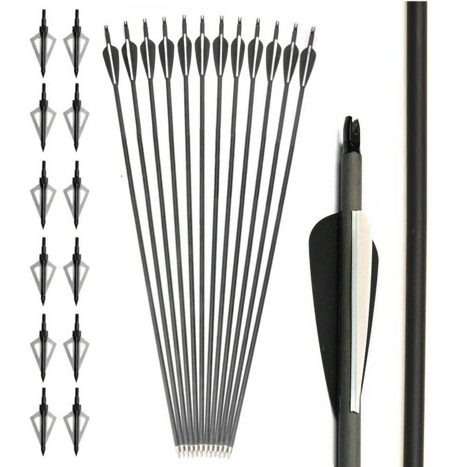 12Pcs 30'' Archery Arrows Carbon Sp 500 7.8mm Broadheads 100 grain ...