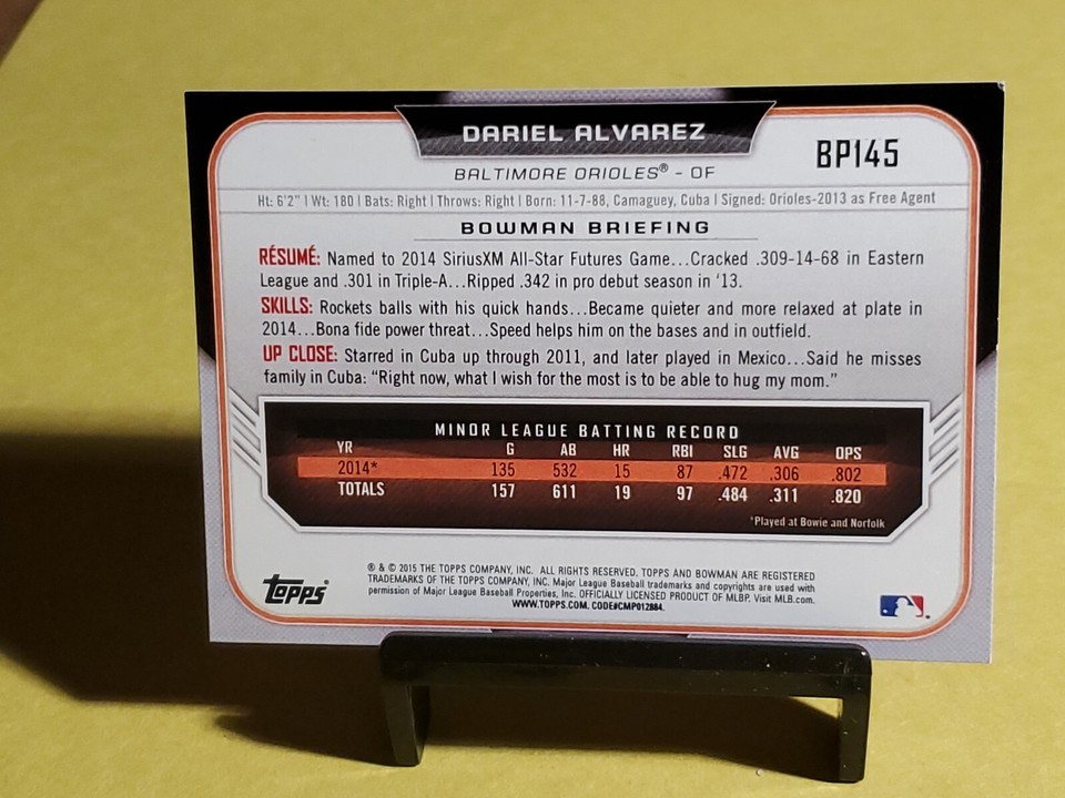 Dariel Alvarez 2015 Bowman 1st Prospect BP145 Baltimore Orioles | eBay