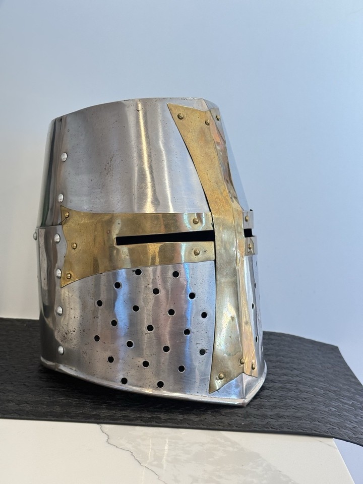 Midieval Crusader Great Helm Knight Helmet Brass Cross Steel Armor ...