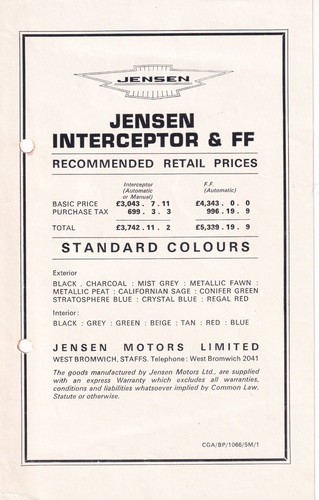 JENSEN INTERCEPTOR & FF, RECOMMENED RETAIL PRICES & STANDARD COLOURS ...