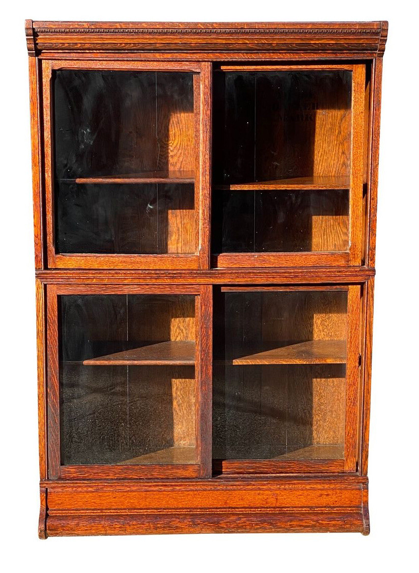 Large Antique Sliding Glass Door Bookcase Ebth Library Bookcases With