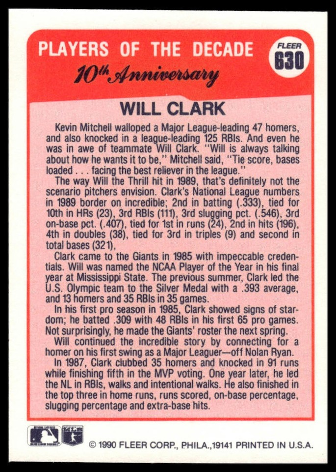 1990 Fleer #630 Will Clark | eBay