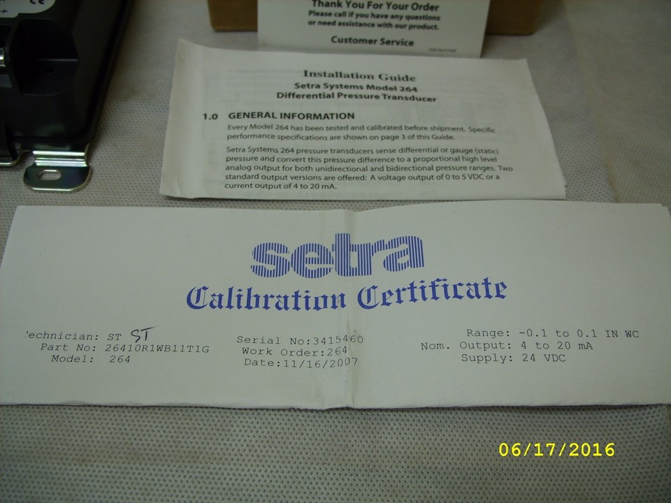 SETRA MODEL 264 - DIFFERENTIAL PRESSURE TRANSDUCER - 26410R1WB11T1G ...
