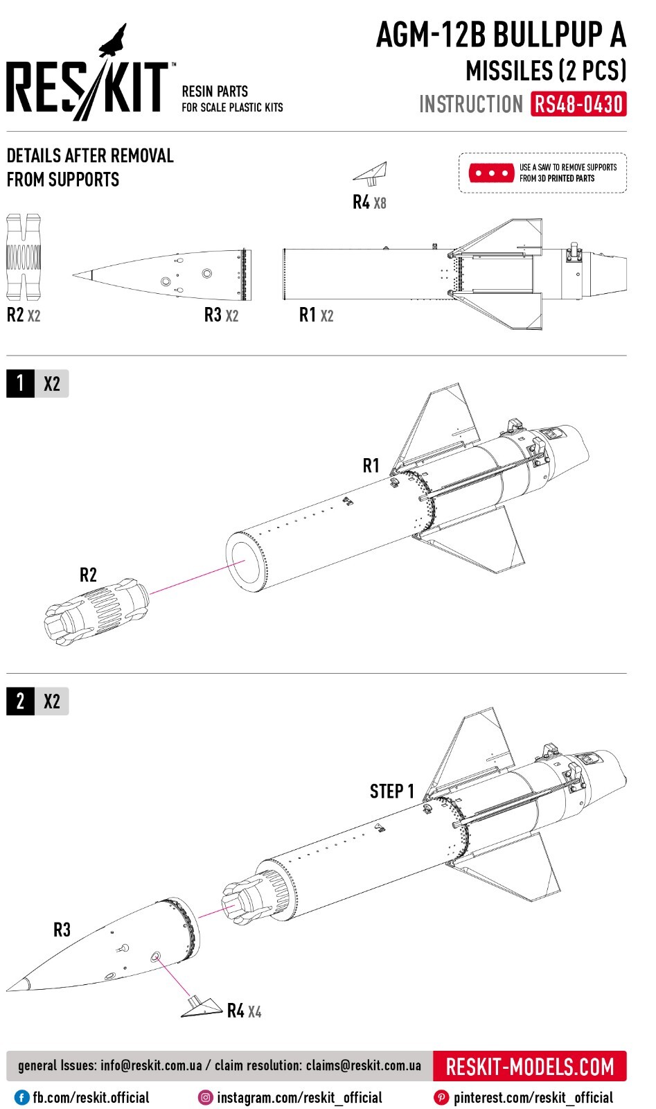 AGM-12B Bullpup A missiles 2pcs Scale1:48 ResKit RS48-0430 for Plastic ...