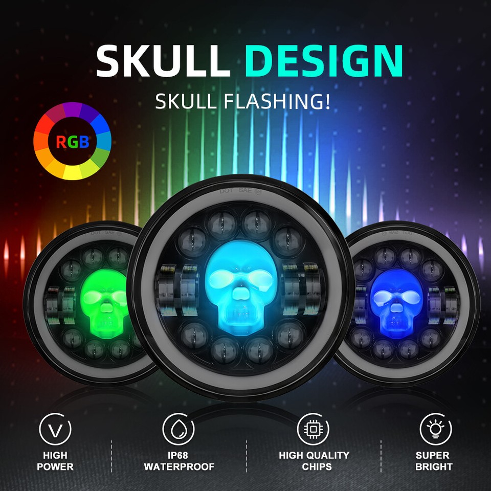 2x 7" Round RGB Skull LED Headlights Halo DRL For Jeep Wrangler JK LJ ...