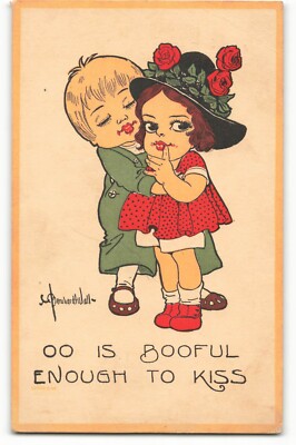 Postcard OO Is Booful Enough To Kiss Cute Kids Colorful artist signed ...