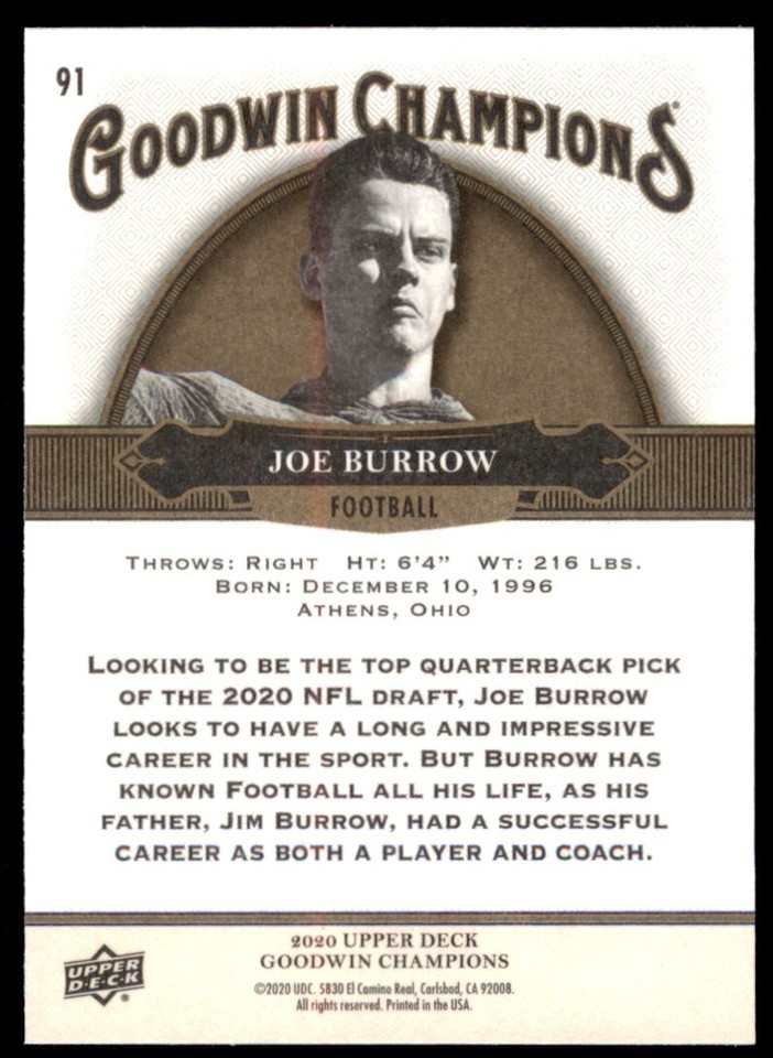 2020 Upper Deck Goodwin Champions Joe Burrow LSU Tigers #91 | eBay
