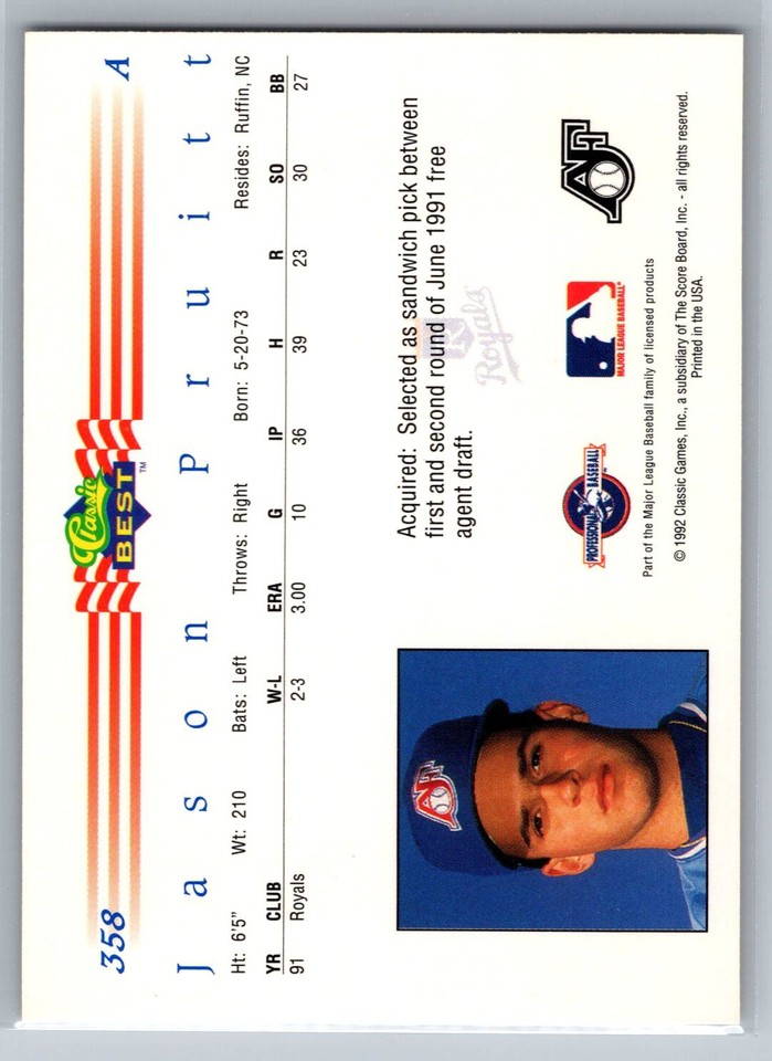 Jason Pruitt 1992 Classic Best Set Break BASEBALL #358 Appleton Foxes ...