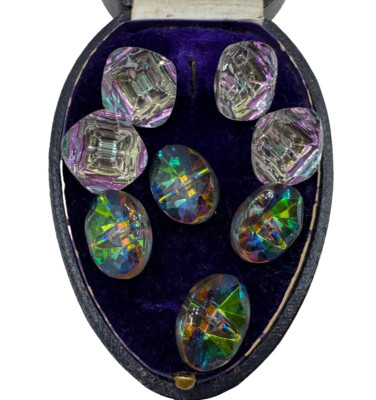 MATCHING LOT OF 8 RETRO BUTTONS SHINY BLACK OPAL GLASS EFFECT BACK FOIL ...