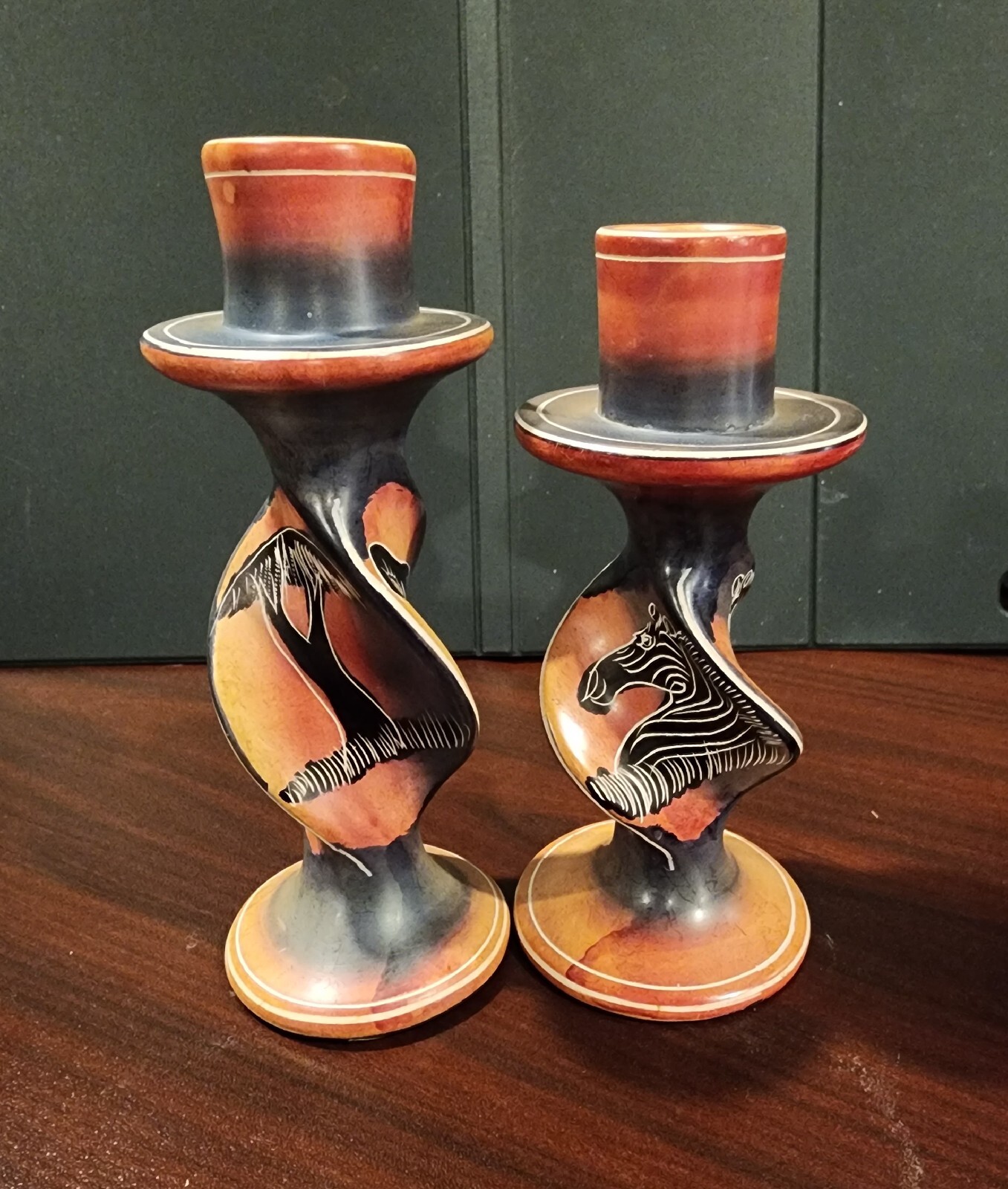 Hand Carved in Kenya Soapstone Candle Holder Set Zebra & Elephant Red ...