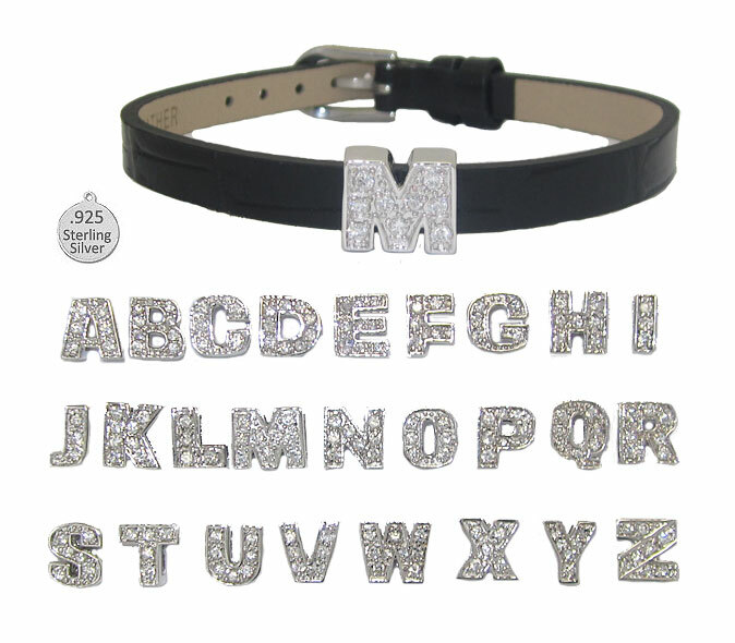 925 Sterling Silver Block Letter Charm & Bracelet Initial Brown leather ...