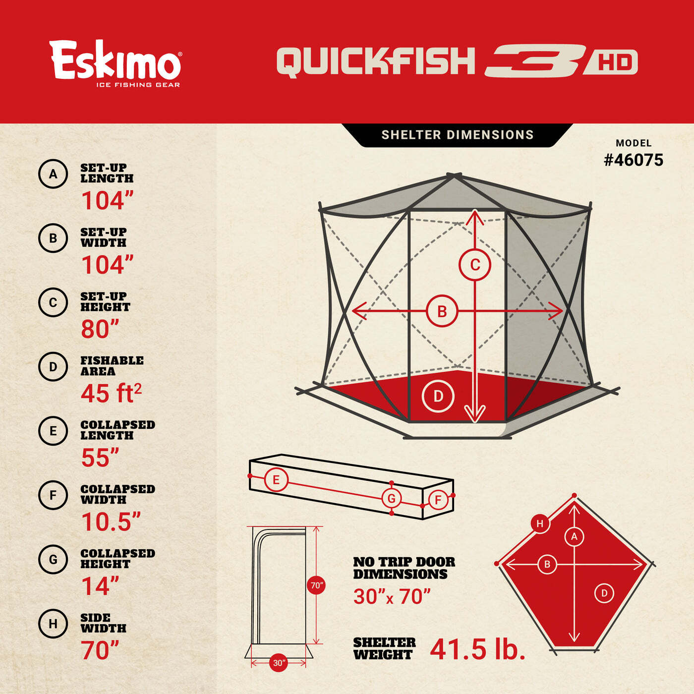 Eskimo QuickFish 3HD, Pop-Up Portable Ice Shelter, Red/Black, 3-Person ...