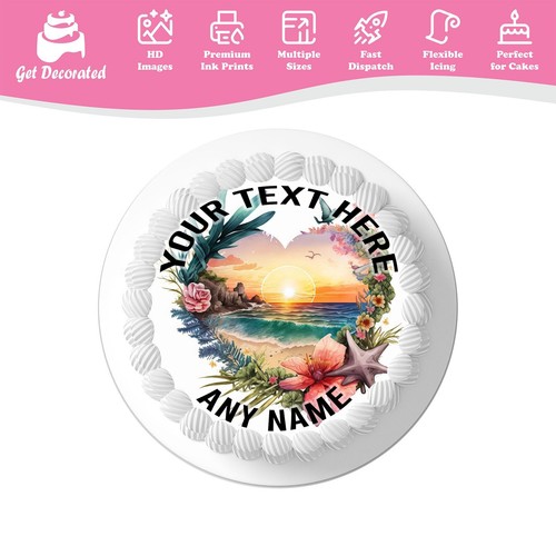 Sunset Beach Romantic Personalised Cake Icing Topper Edible Cupcake ...