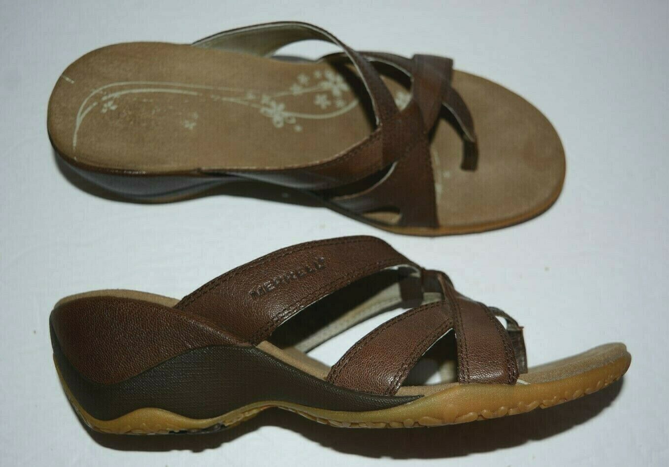 MERRELL ALYSSUM EARTH BROWN LEATHER SLIDE ON WEDGE … - Gem