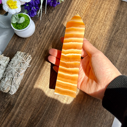 595g Natural Banded Orange Calcite Crystal Point Quartz Tower Display ...