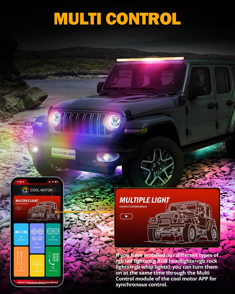 RGB Round LED Headlights + 4" Fog Lights For Jeep Wrangler JL 2018 ...