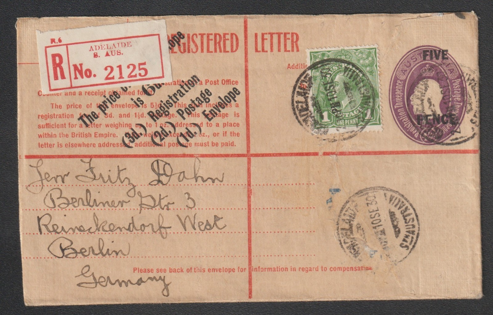 Australia 1930 Registered Letter Cover Adelaide SA Red Label To Germany ...