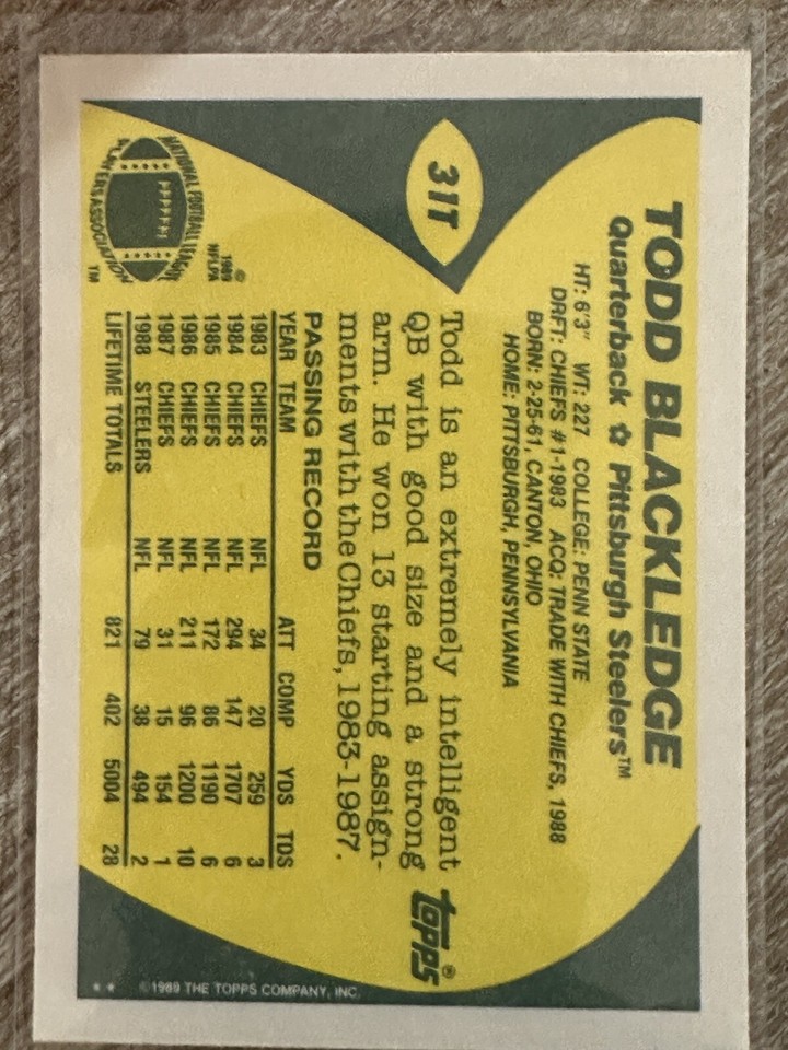 TODD BLACKLEDGE 1989 Topps Traded #31T PITTSBURGH STEELERS!! | eBay