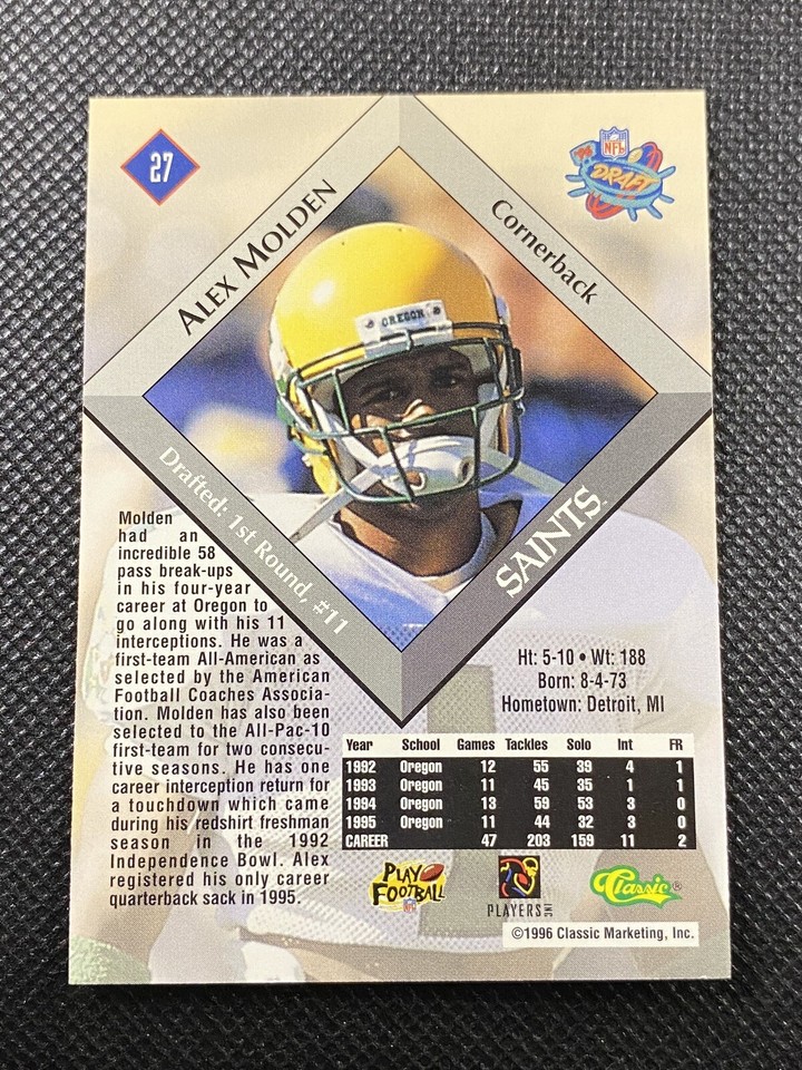 1996 Classic NFL Rookies Auto Alex Molden #27 Rookie Auto New Orleans ...