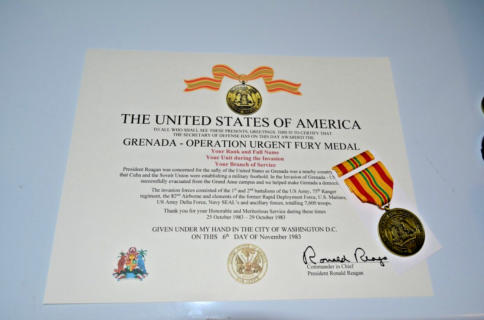 Grenada Operation Urgent Fury COMMEMORTIVE MEDAL/Certificate Army USN ...