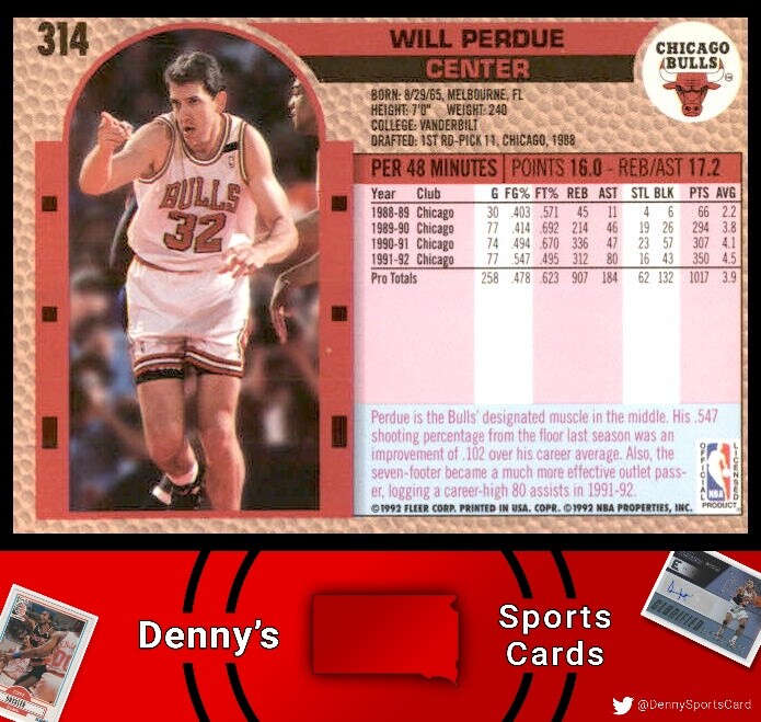 1992 Fleer #314 Will Perdue Chicago Bulls Basketball Card | eBay