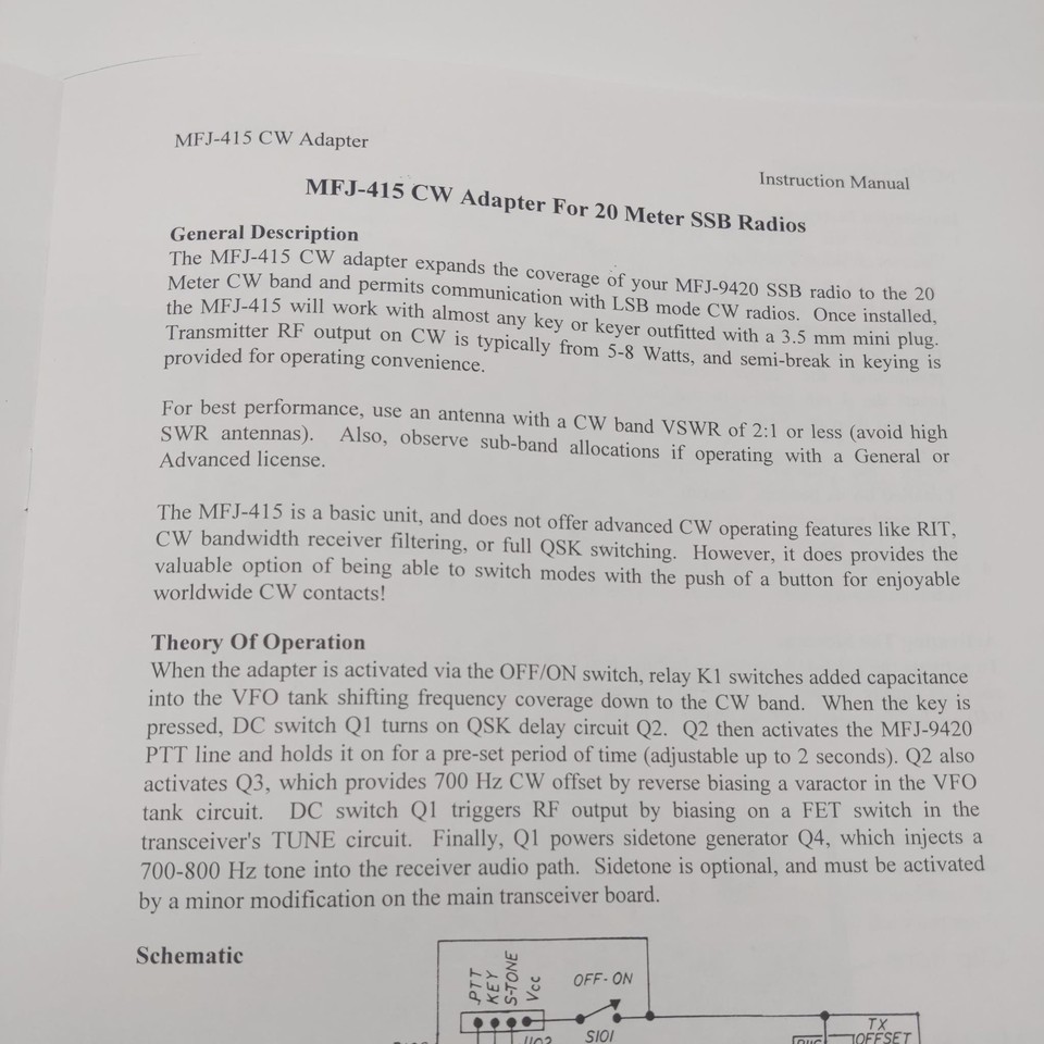 MFJ-415 CW Adapter For 20M MFJ-9420 SSB Transceiver Instruction Manual ...