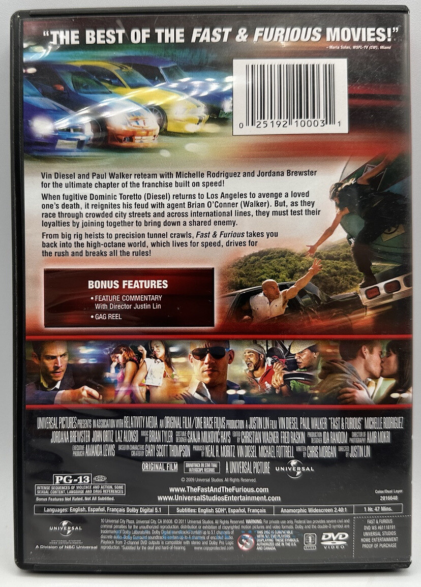 Fast & Furious DVD Widescreen Vin Diesel Paul Walker Jordana Brewster ...
