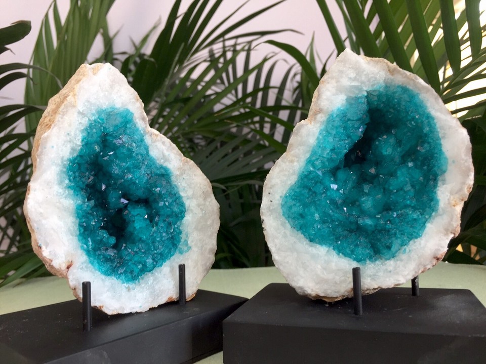 Large Geode Crystal Quartz Specimen Open Geode Pair W/Stands Morocco ...