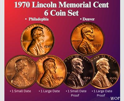 1970 P D S SMALL & LARGE DATE LINCOLN 6 COIN SET NEW MINT BU & PROOFS ...