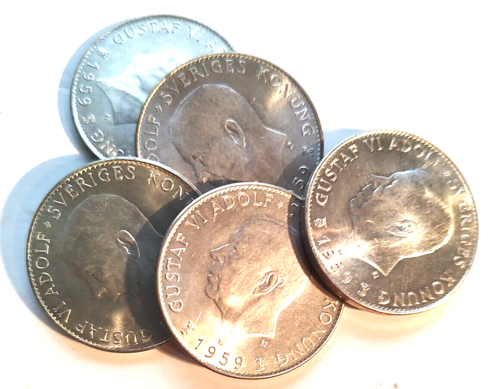 HIGH GRADE 1959 SWEDEN GUSTAF VI CONSTITUTION SILVER 5 KRONOR, KM#830 ...