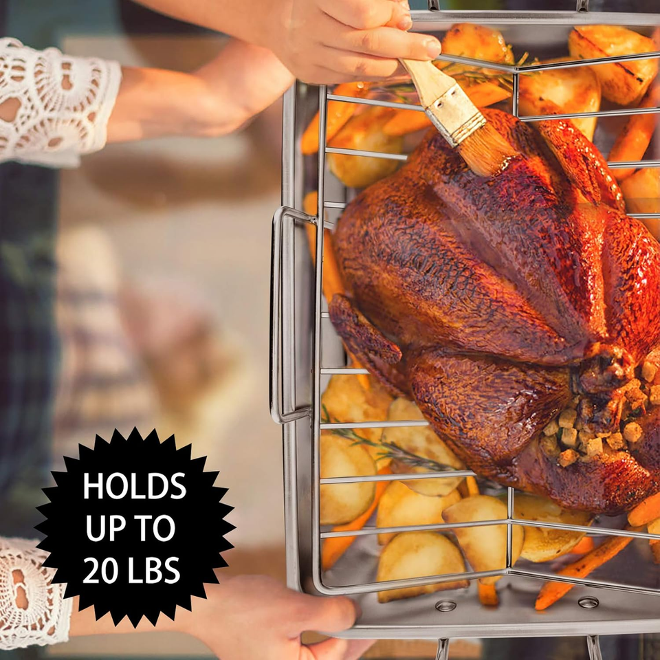 16” Stainless Steel Roaster Pan with V-Shaped Rack & Baking Rack ...