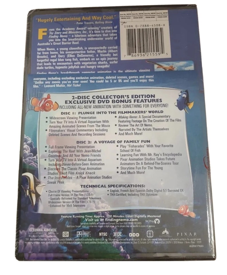 Disney Pixar Finding Nemo (DVD, 2003, 2-Disc Set) 786936215595| eBay