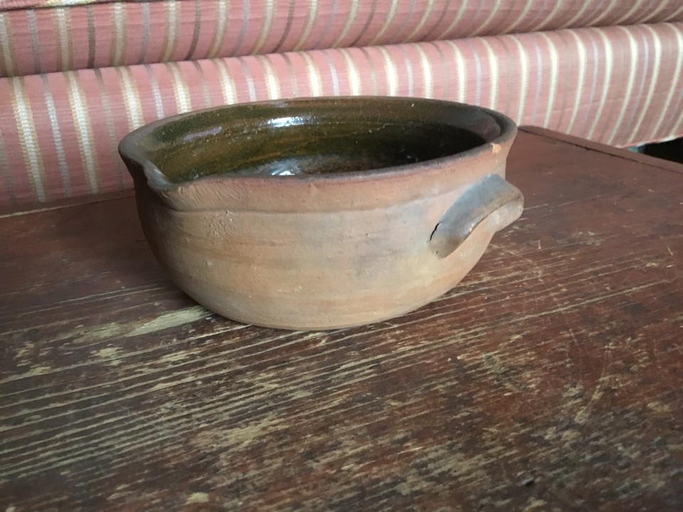 ANTIQUE 1800s PRIMITIVE MINIATURE REDWARE EARTHENWARE POTTERY MILK PAN ...