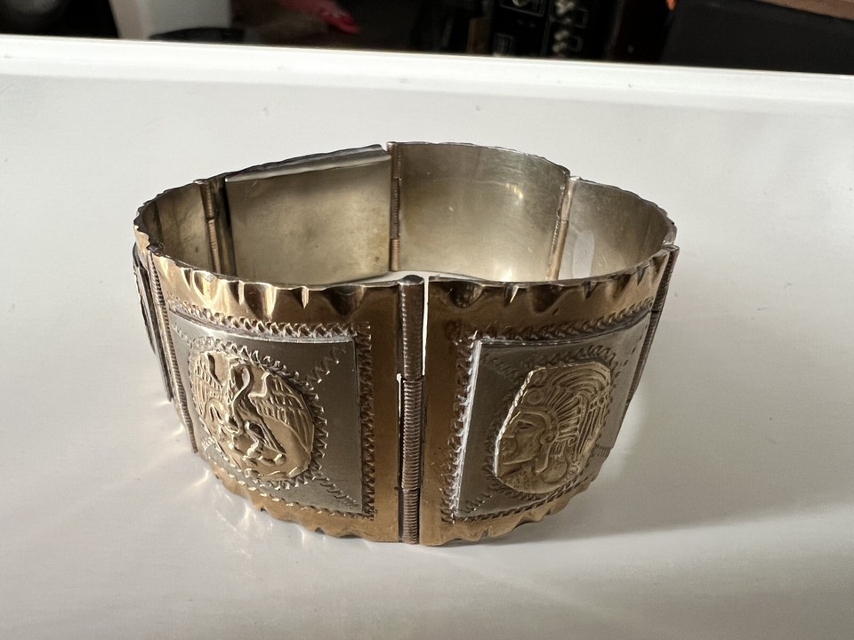 Vintage Mexico 925 Sterling Silver Gold Clad Aztec Bangle Cuff Bracelet ...