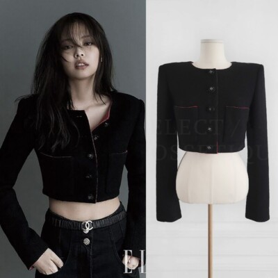 NWT CHANEL 21A JENNIE, BLACK TWEED BUTTON CROP JACKET FR34 | eBay