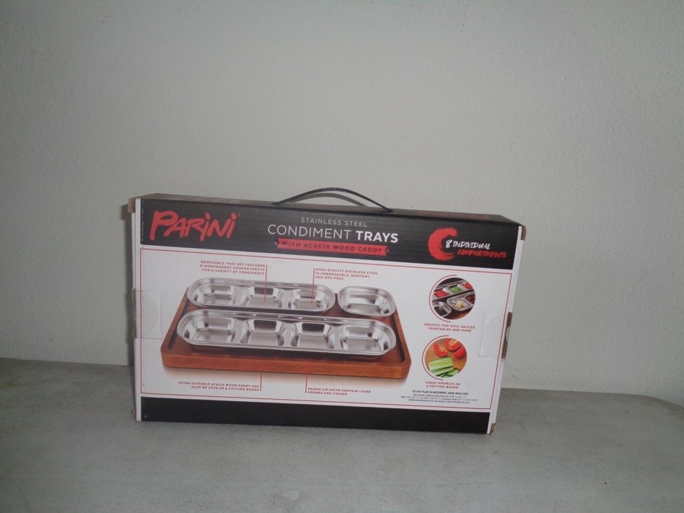 NIB, PARINI Stainless Steel Condiment Trays with Acacia Wood Caddy | eBay