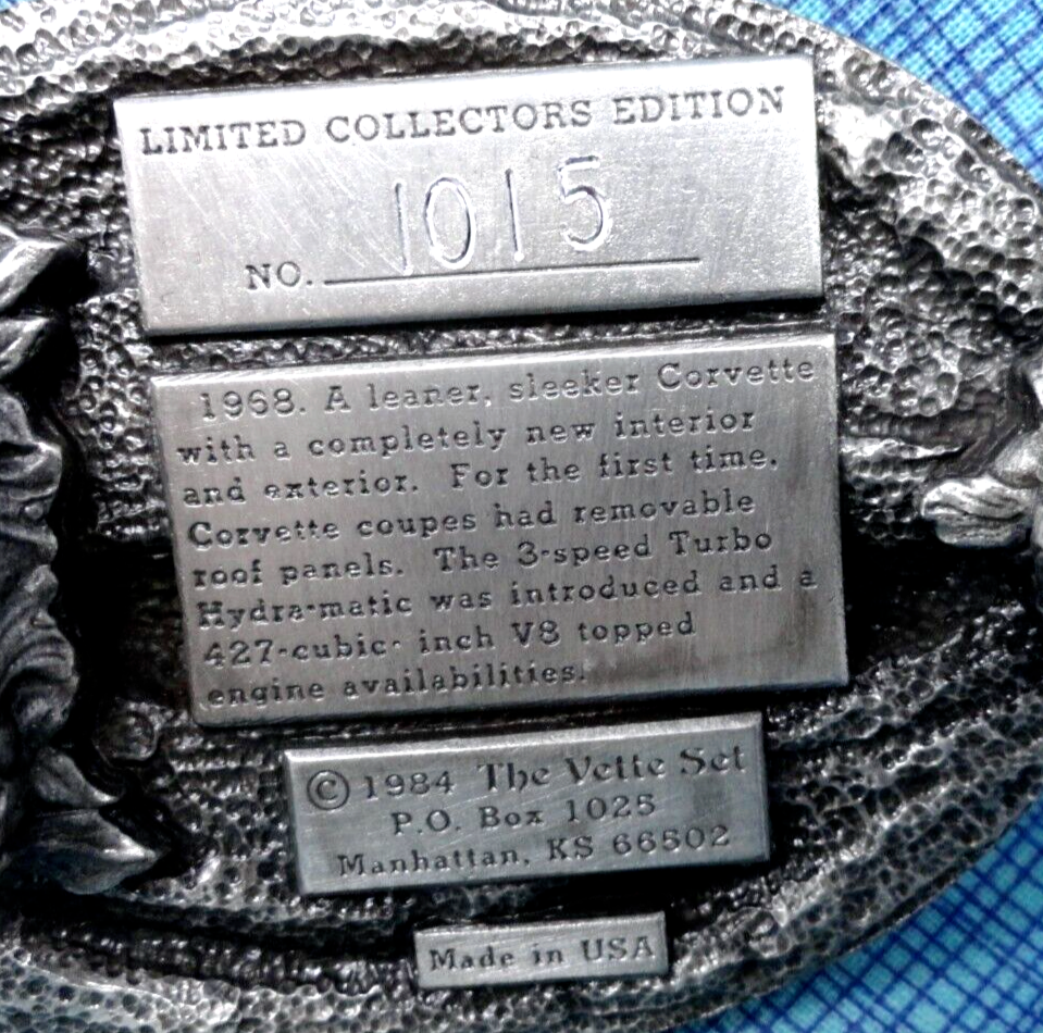 Corvette Car Collectors Belt Buckle #LE 1968 3 Speed Hydra-Matic Vtg ...
