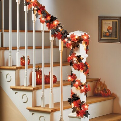 10 Ft Lighted Black & Orange Leaves Indoor/Outdoor Fall Thanksgiving ...
