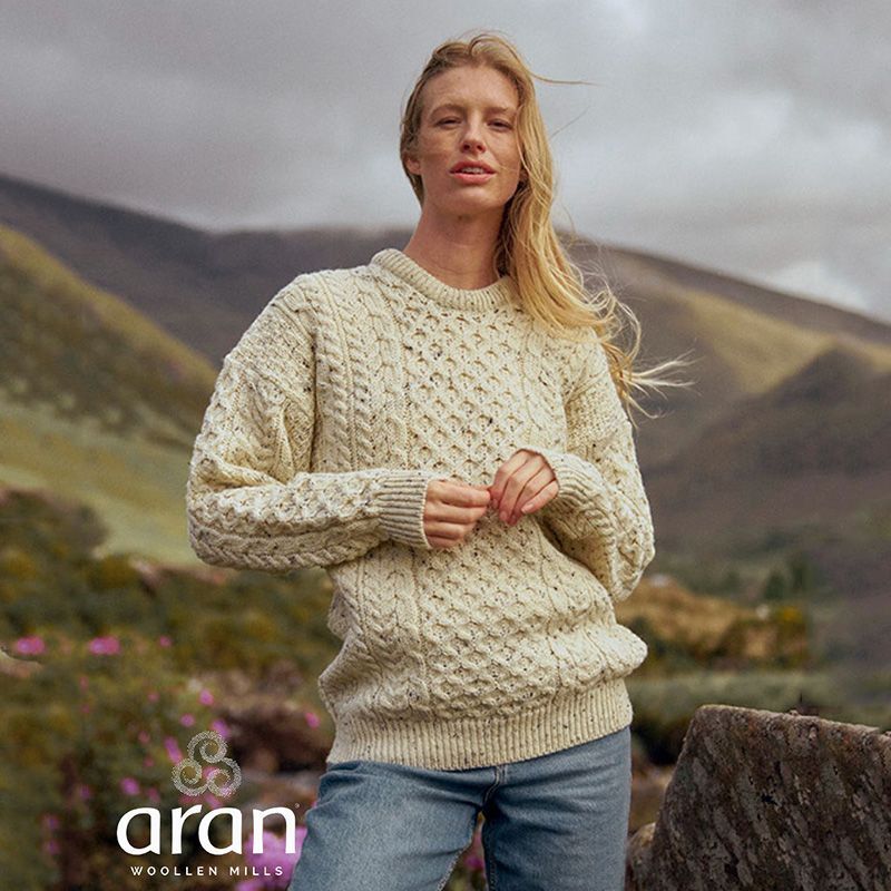 Aran Irish Womens Natural Wool Sweater Cable Knit Traditional Fisherman ...