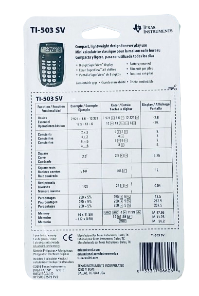 Texas Instruments TI-503 SV Standard Function Calculator, 8 digit ...