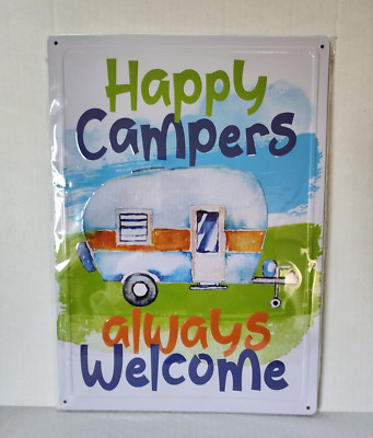 Happy Campers Always Welcome metal sign retro camper style NIP 12.25" x ...
