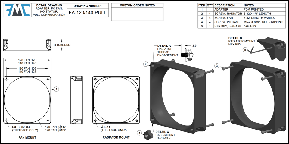 PC Fan Radiator AIO Spacer, 120/140mm Rad x (1) 120mm/140mm Fan, Cowl ...